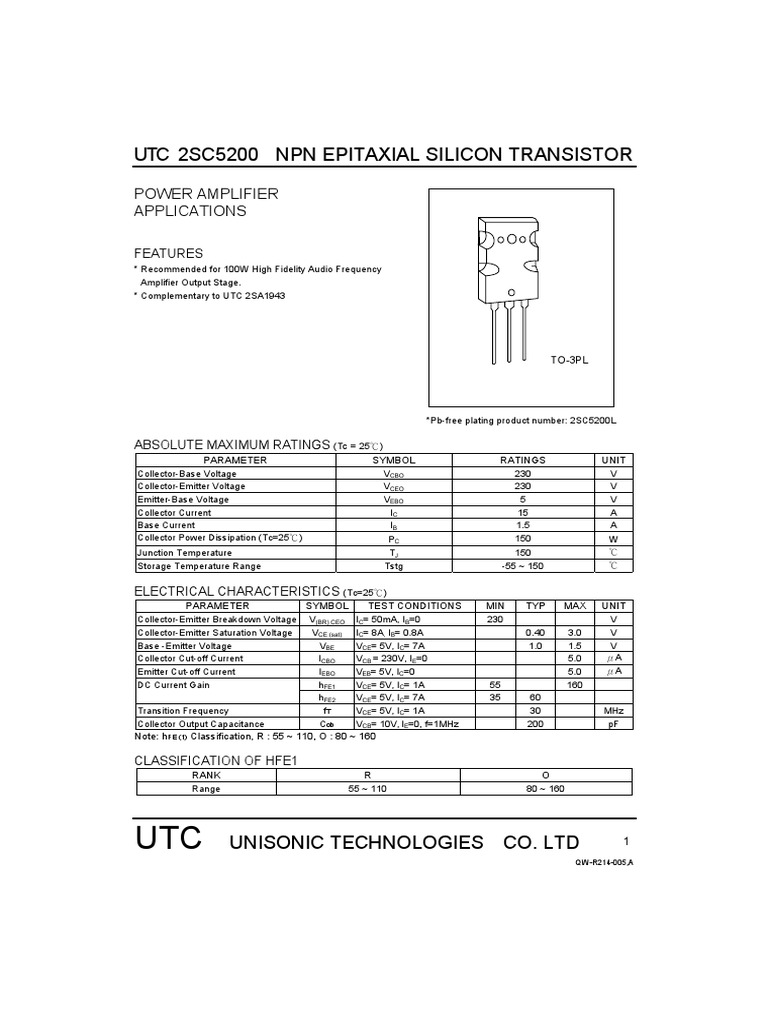 2SC5200 PDF | PDF | Bipolar Junction Transistor | Electrical Components