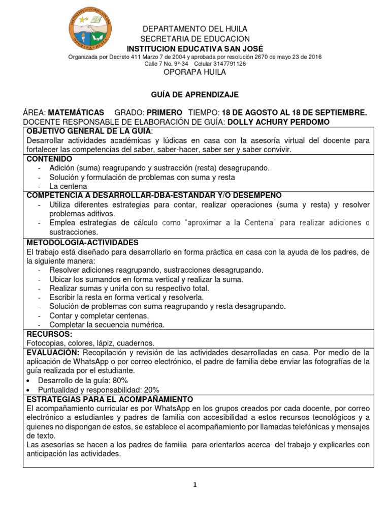 Guia Grado Primero PDF | PDF | Sustracción | Educación de la primera ...
