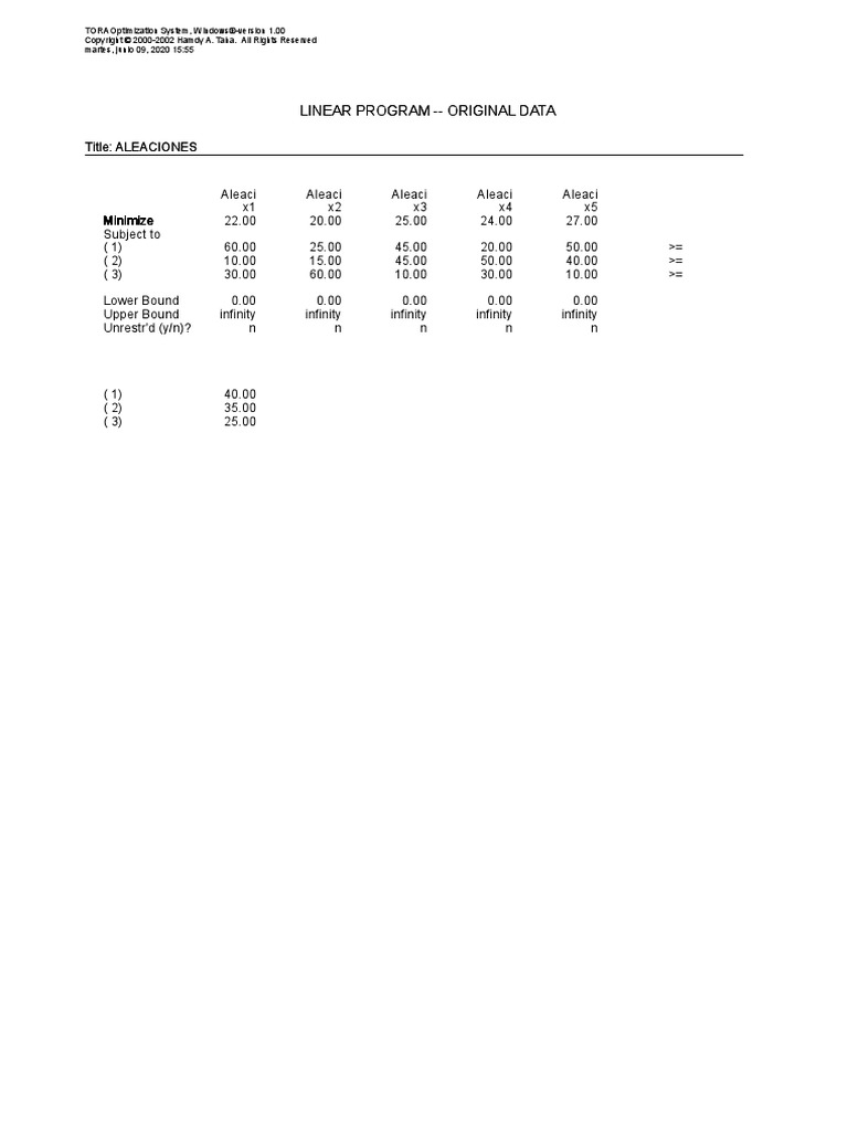 Linear Program - Original Data Linear Program - Original Data | PDF ...