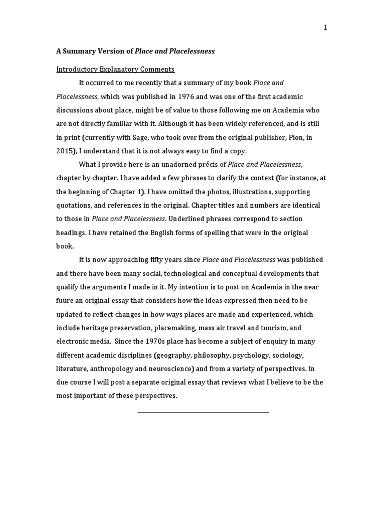 Placelessness, Which Was Published in 1976 and Was One of The First ...