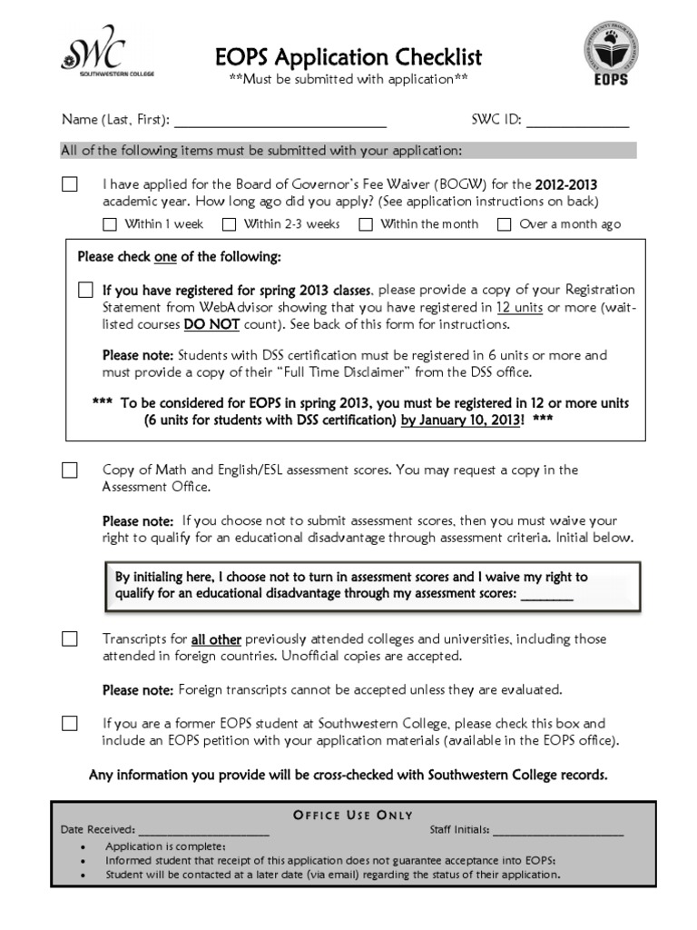EOPS Application Checklist: Within 1 Week Within 2-3 Weeks Within The Month Over A Month Ago ...