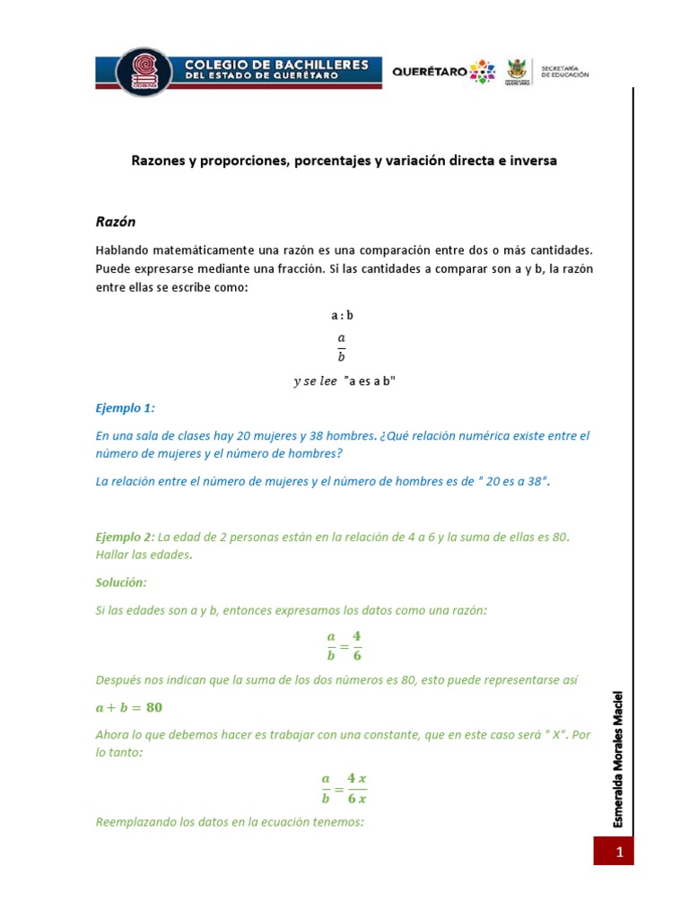 Razones y proporciones, porcentajes y variación directa e inversa.pdf ...