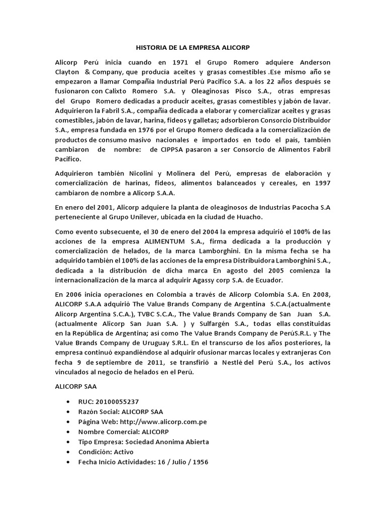 Historia de La Empresa Alicorp | PDF | Empresas | Business