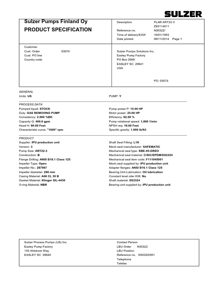 Sulzer Pumps Finland Oy Product Specification: General | PDF | Pump | Screw
