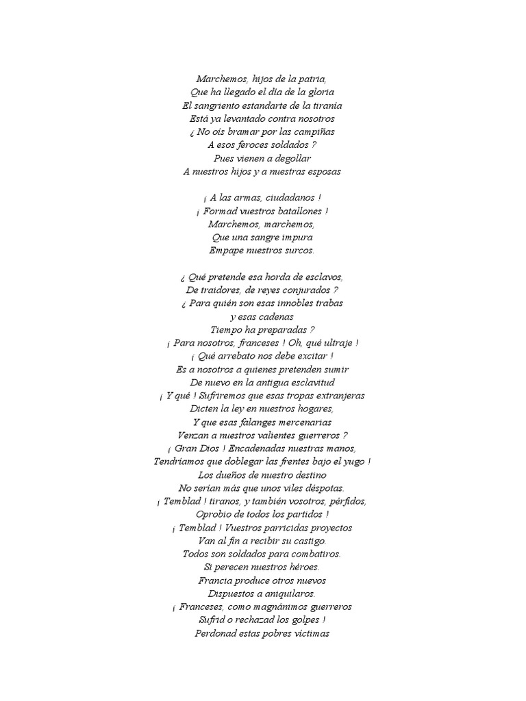 Letra de La Marsellesa. Himno Nacional Francés | PDF | Agitación ...