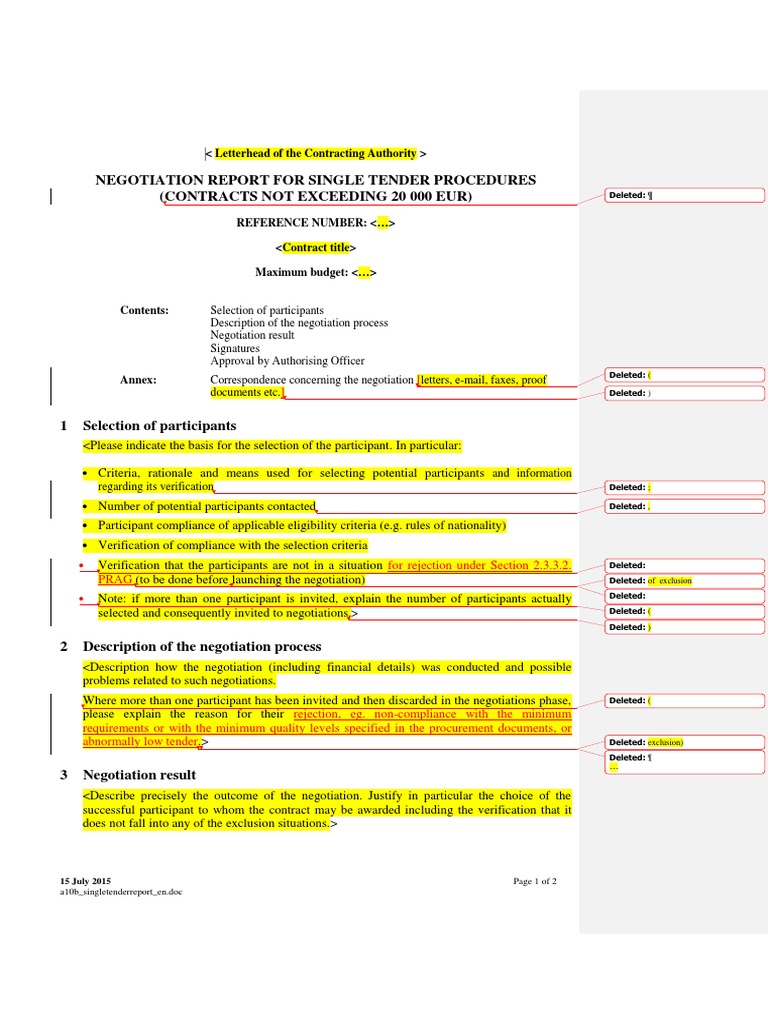 Negotiation Report For Single Tender Procedures (Contracts Not ...