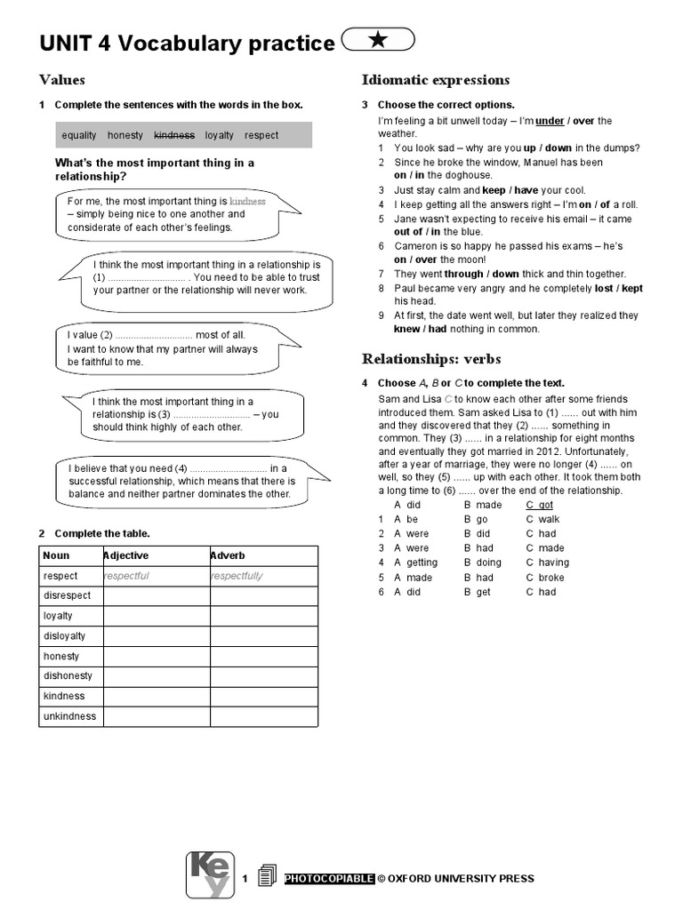 UNIT 4 Vocabulary Practice: Values Idiomatic Expressions | PDF ...