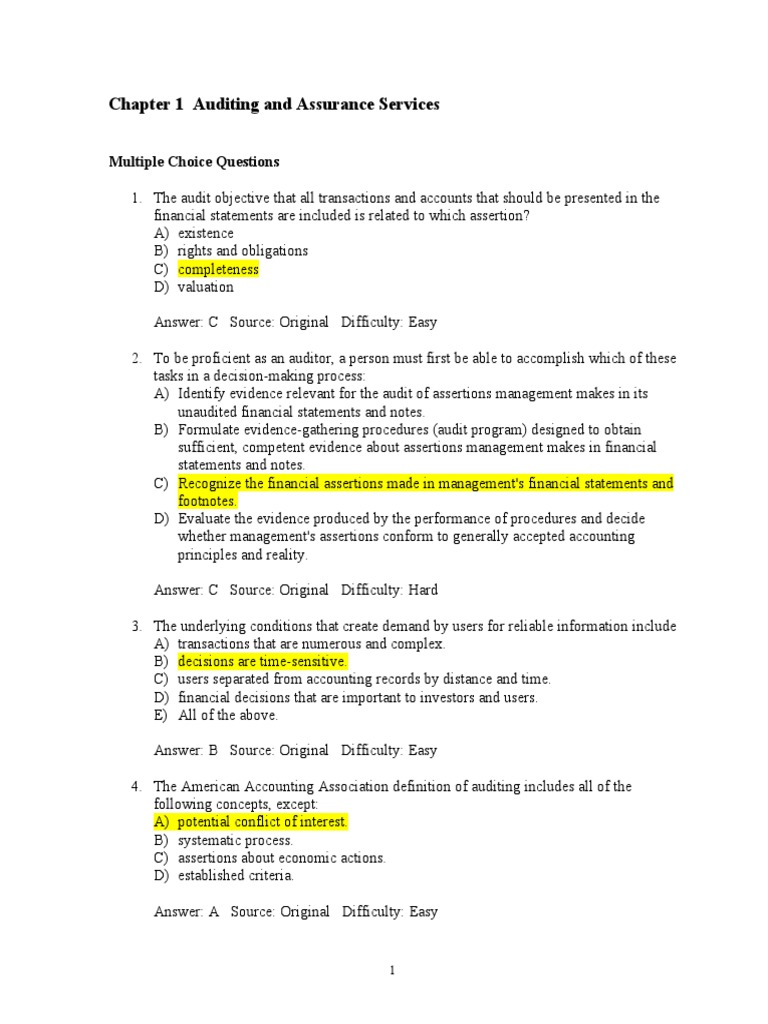 Chapter 1 Auditing and Assurance Services: Multiple Choice Questions | PDF | Internal Control ...