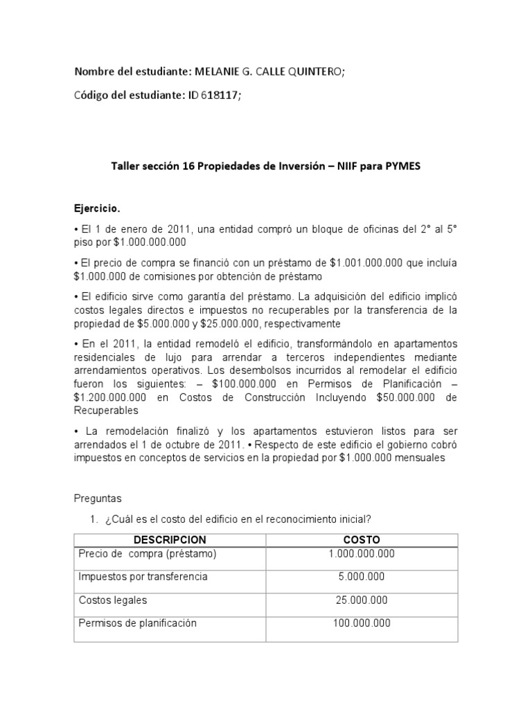 Taller Sección 16 NIIF PYMES - Propiedades de Inversión | PDF ...