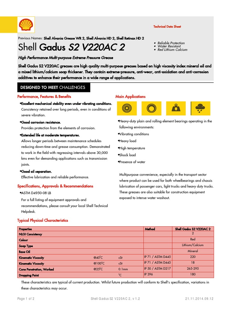Technical Data Sheet for Shell Gadus S2 V220AC 2 Grease | PDF ...