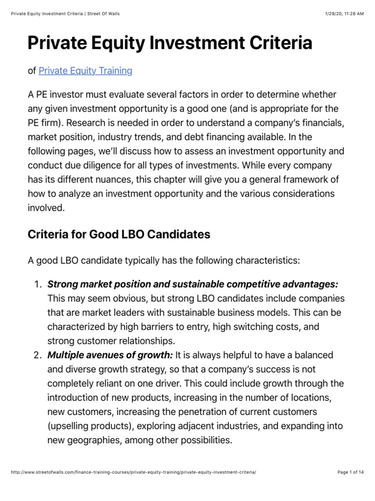 Private Equity Investment Criteria | PDF | Private Equity | Capital ...