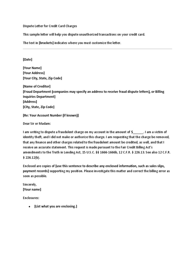 Dispute Letter For Credit Card Charges | PDF