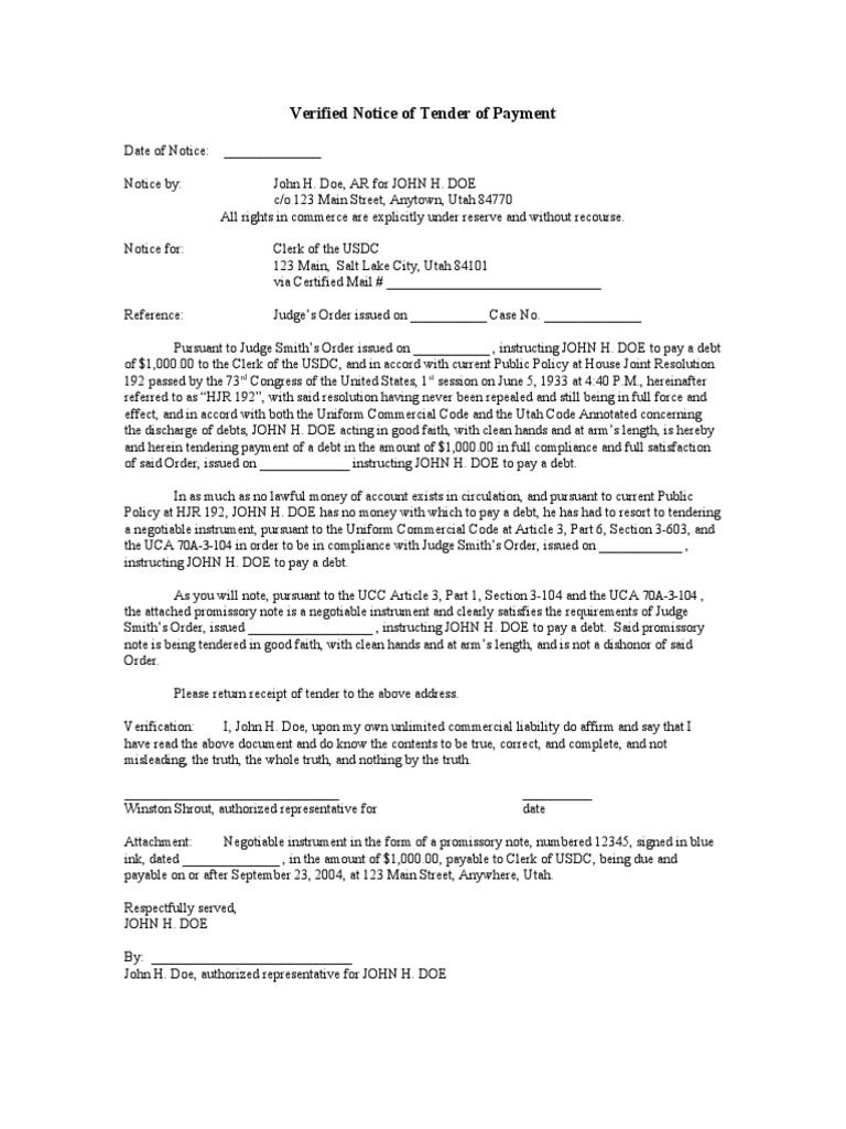 Verified Notice of Tender of Payment | PDF | Civil Law (Legal System) | Business Law