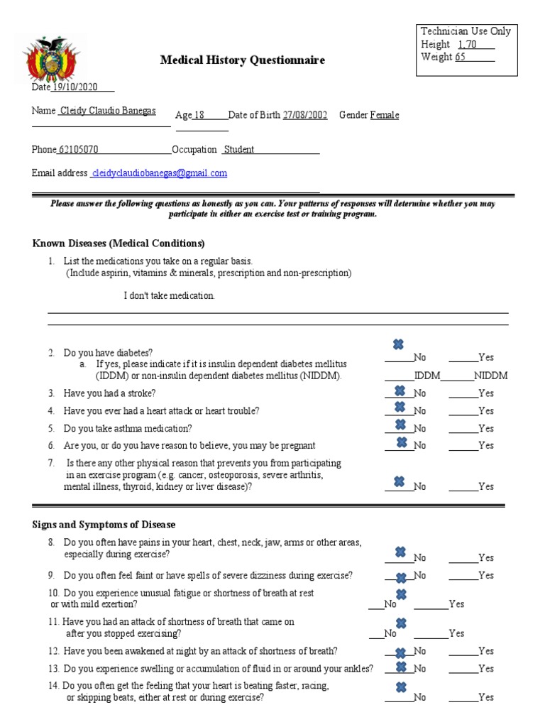 Medical History Questionnaire 01 | PDF | Diabetes | Heart
