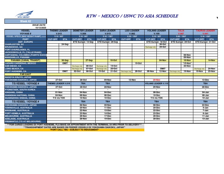 RTW - Mexico / Uswc To Asia Schedule: Week 42 | PDF | Ships Of The ...