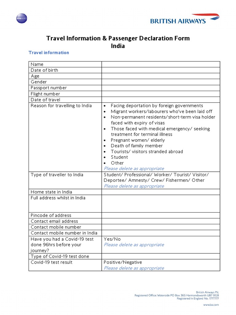 India Passenger Declaration and Travel Form | PDF | Travel Visa ...