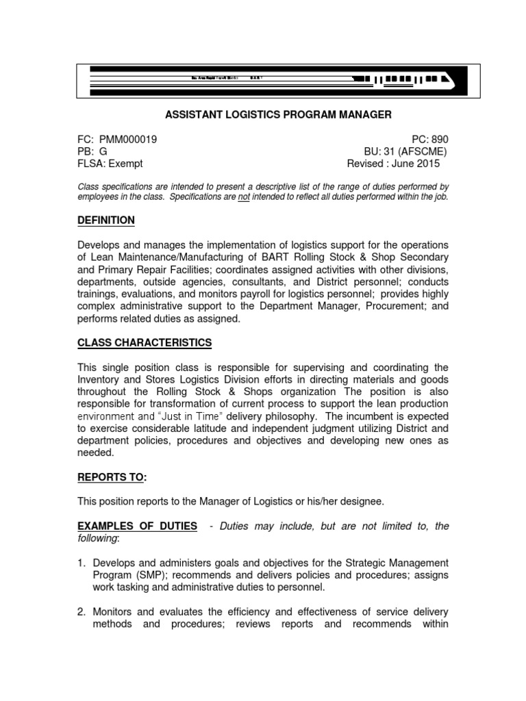 Assistant Logistics Manager Job Description | PDF | Inventory | Logistics