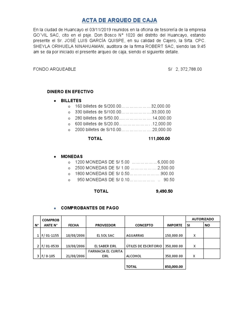 Acta de Arqueo de Caja | PDF | Dinero | Economias