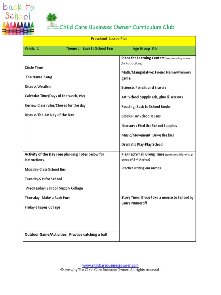 August - Week 1 Lesson Plan Ages 3 5 | PDF | Learning | Behavior ...