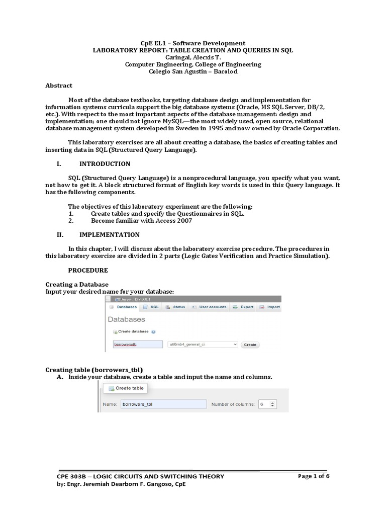 Cpe El1 Table Creation and Queries | PDF | Sql | Databases