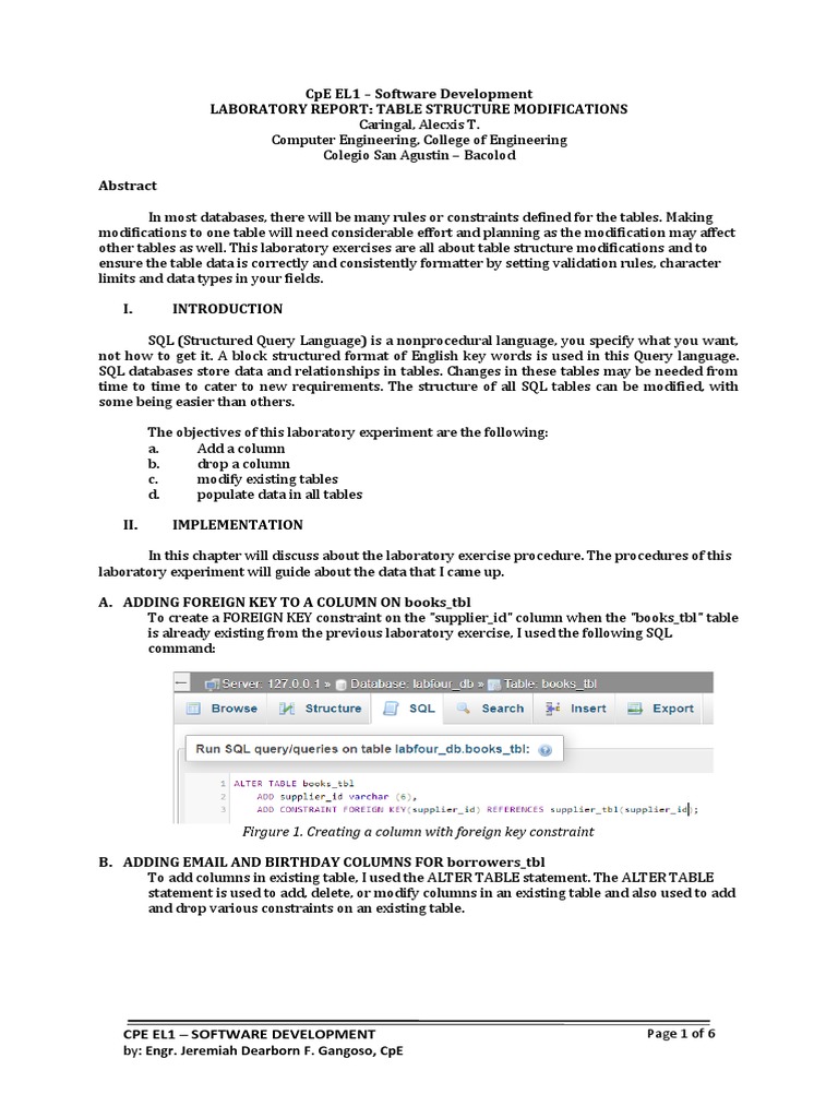 Cpe El1 Table Structure Modification | PDF | Relational Database | Sql