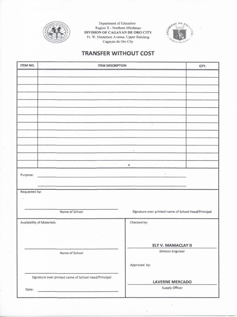 Transfer Without Cost Form PDF | PDF