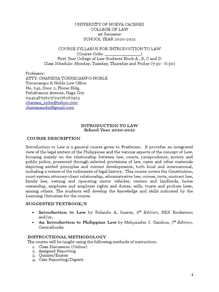 Introduction To Law Syllabus | PDF | Evidence (Law) | Lawyer