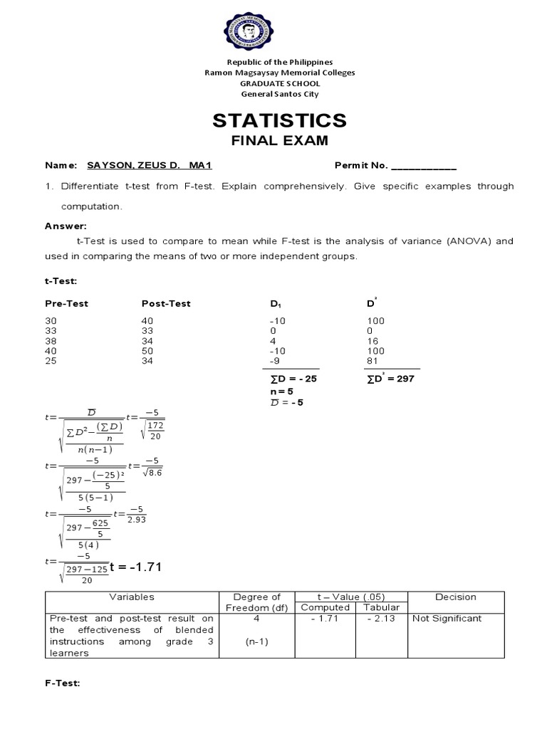 Statistics: Final Exam | PDF | F Test | Student's T Test