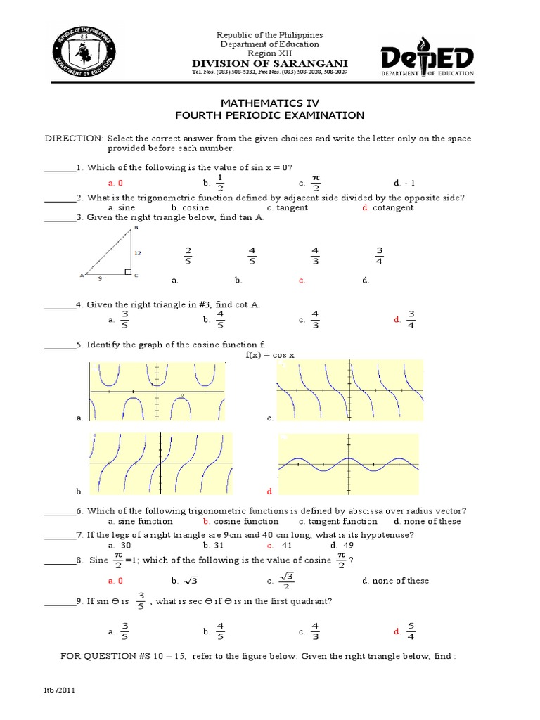 Math IV Trigonometry Exam Questions | PDF | Trigonometric Functions | Sine