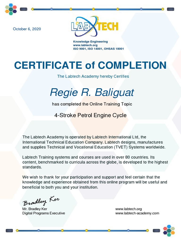 4 Stroke Petrol Engine Combustion Cycle Certificate | PDF