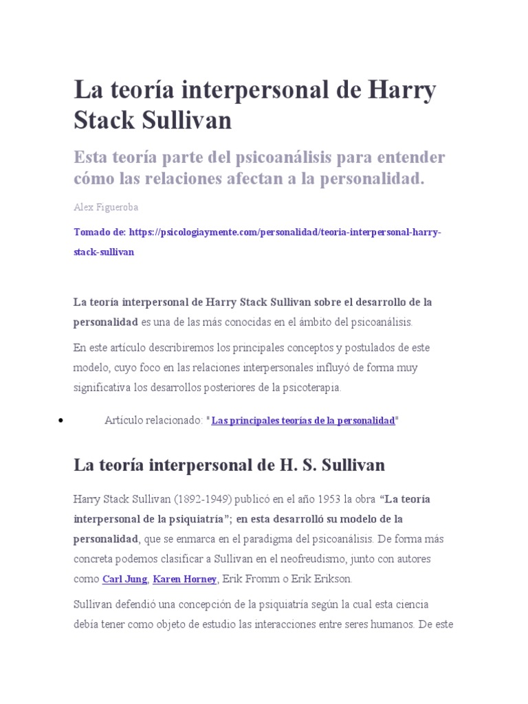 Teoría Interpersonal de H. S. Sullivan | PDF | Psicoanálisis | Sicología