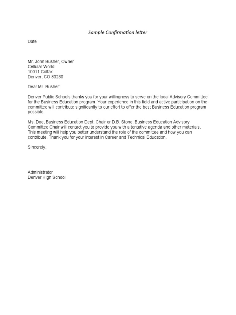 1 Sample Confirmation Letter 1 | PDF