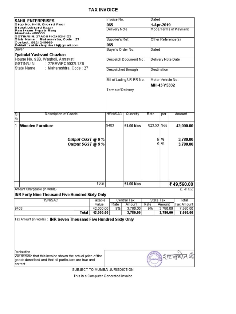 Tax Invoice: House No. 93B, Wagholi, Amravati Gstin/Uin ...