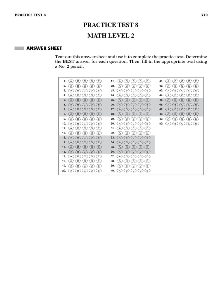Practice Test 8 Math Level 2: Answer Sheet | PDF | Volume | Multiple Choice