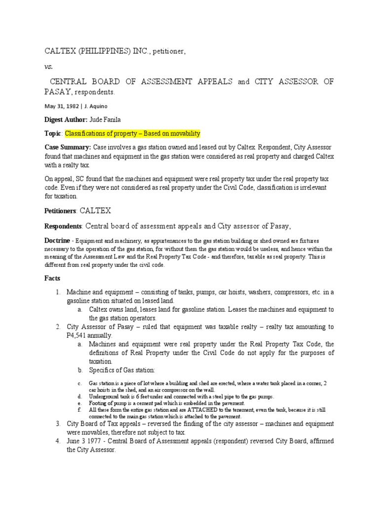Caltex v. Board of Assesments (1982) | PDF | Real Property | Property Tax