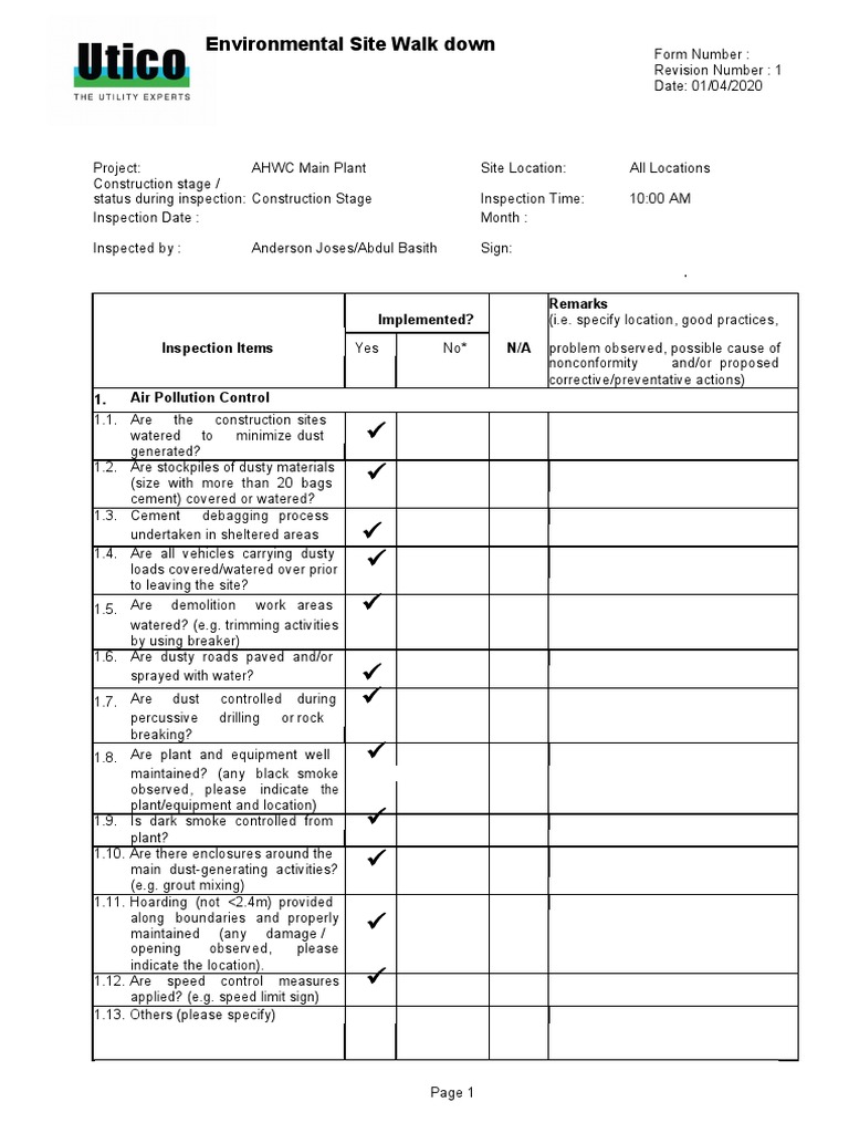 Environmental Site Walk Down: Implemented? Remarks Inspection Items N/A ...
