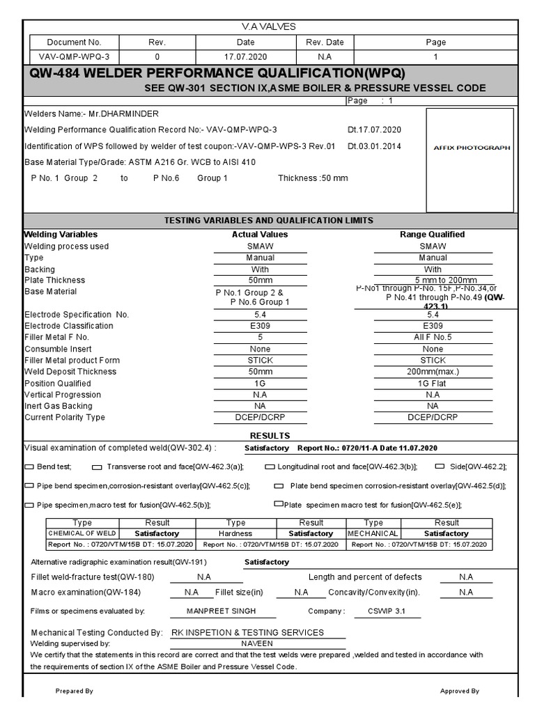 Qw-484 Welder Performance Qualification (WPQ) : SEE QW-301 Section Ix ...