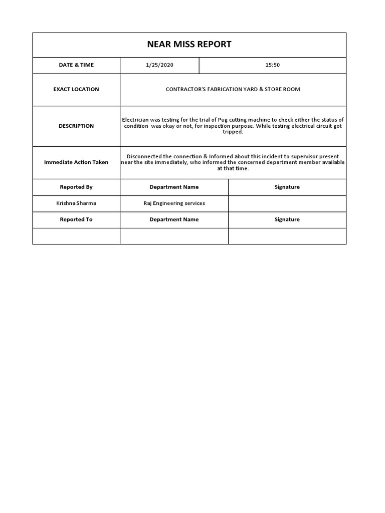 Near Miss Incident Report - 1/25/2020 | PDF
