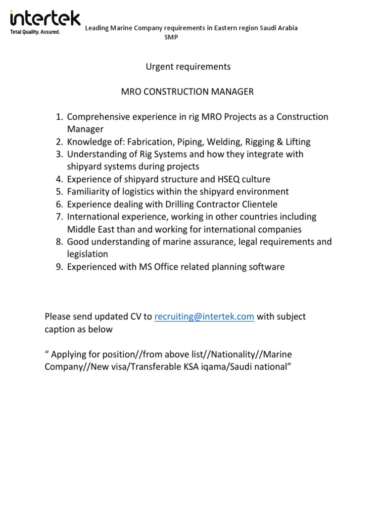 Marine MRO Construction Manager Requirements Eastern Saudi Arabia | PDF