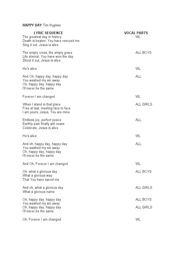 HAPPY DAY Tim Hughes Lyric Sequence Vocal Parts | PDF