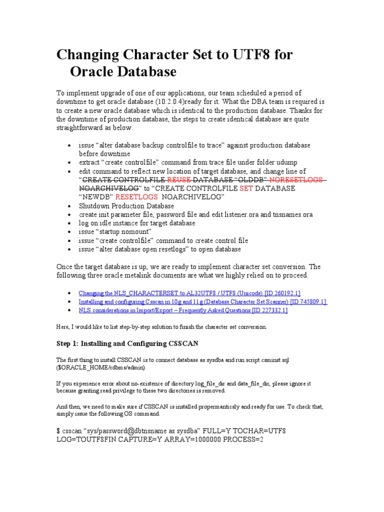 Changing Character Set To UTF8 For Oracle Database | PDF | Oracle Database | Pl/Sql