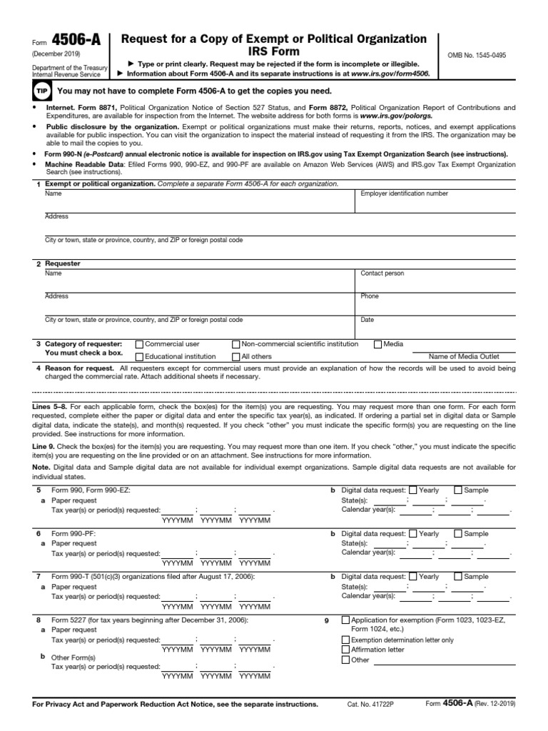 Request For A Copy of Exempt or Political Organization IRS Form ...
