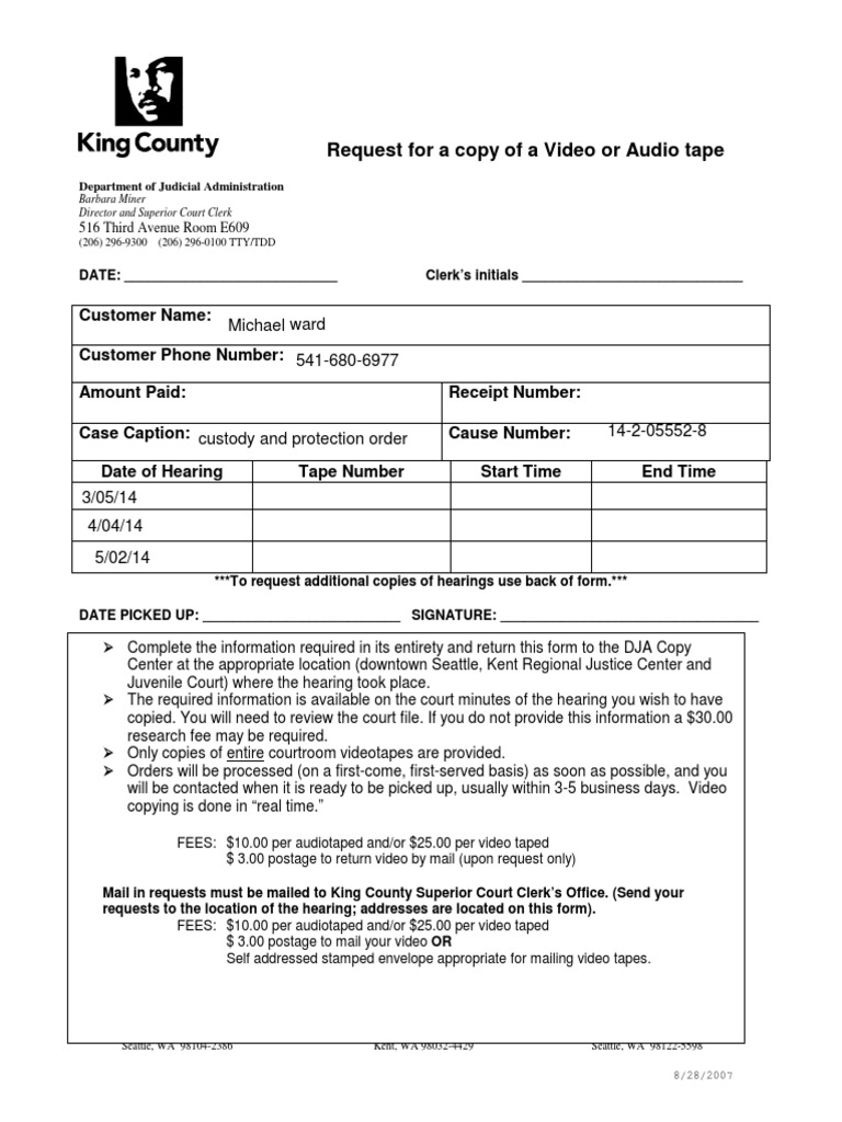 Request For A Copy of A Video or Audio Tape: Michael Ward 541-680-6977 ...