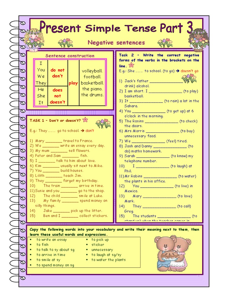 Present Simple Tense Negative Sentences 3 Pages 6 Different Tasks With ...