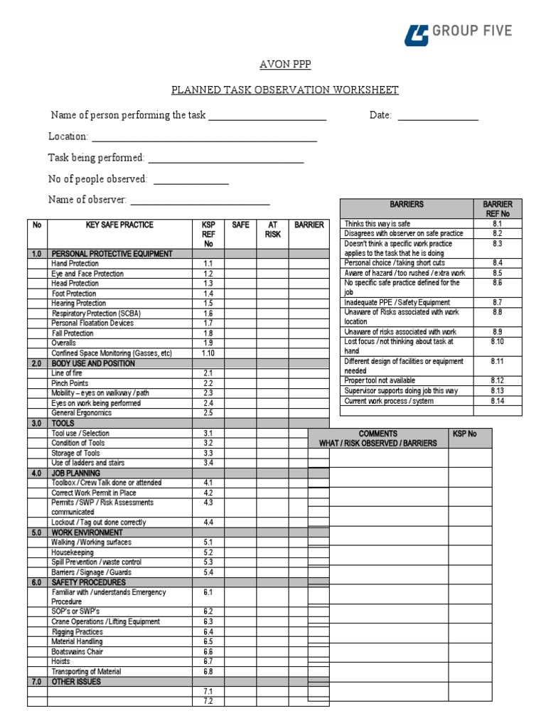 Planned Task Observation Worksheet | PDF | Personal Protective ...