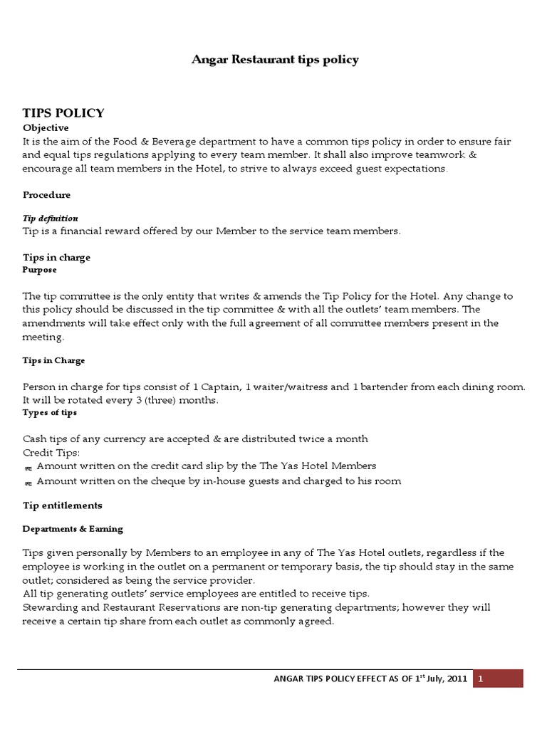 Angar Restaurant Tips Policy: Objective | PDF | Gratuity | Waiting Staff