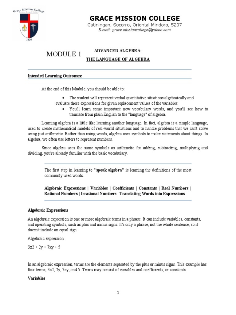 Module 1 Advanced Algebra | PDF | Numbers | Rational Number