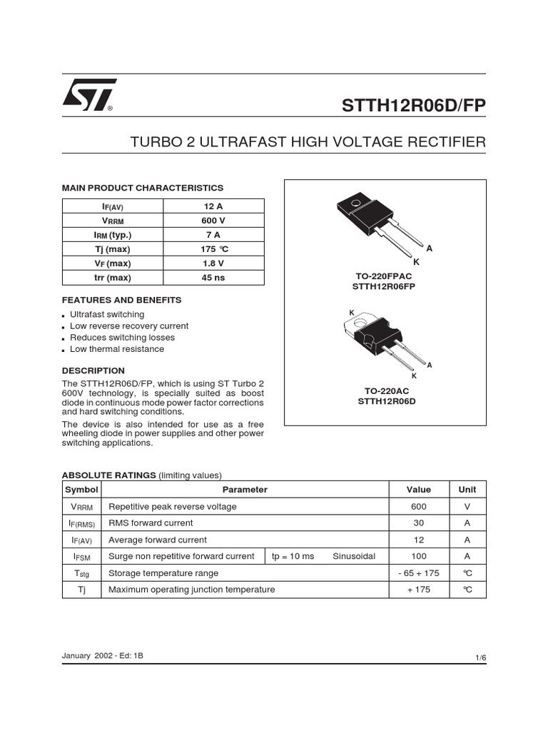 STTH12R06D/FP: Turbo 2 Ultrafast High Voltage Rectifier | PDF | Diode ...