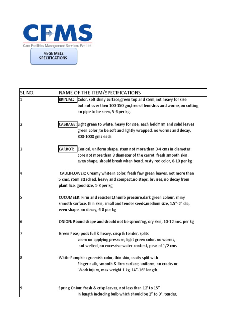 Veg Specification | PDF | Zucchini | Mango