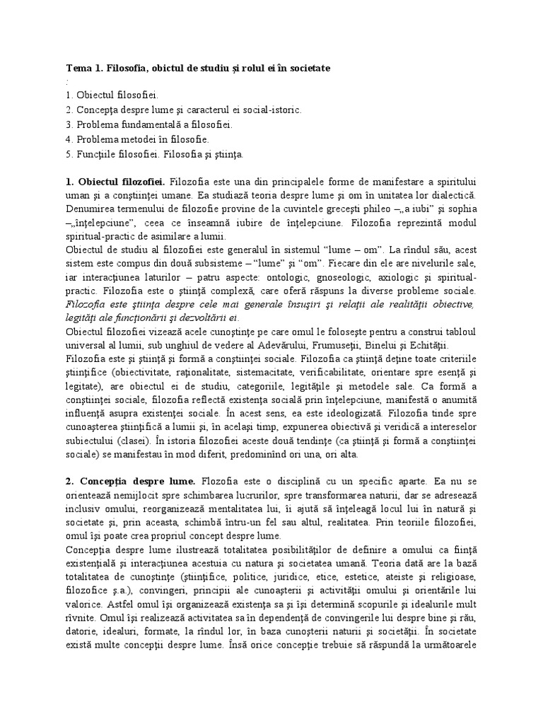 Filosofia - Obiect de Studiu Și Rolul Ei În Societate | PDF